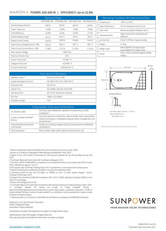SunPower Maxeon 6 440W Solar Panel (420-440 Watt) – TSolar